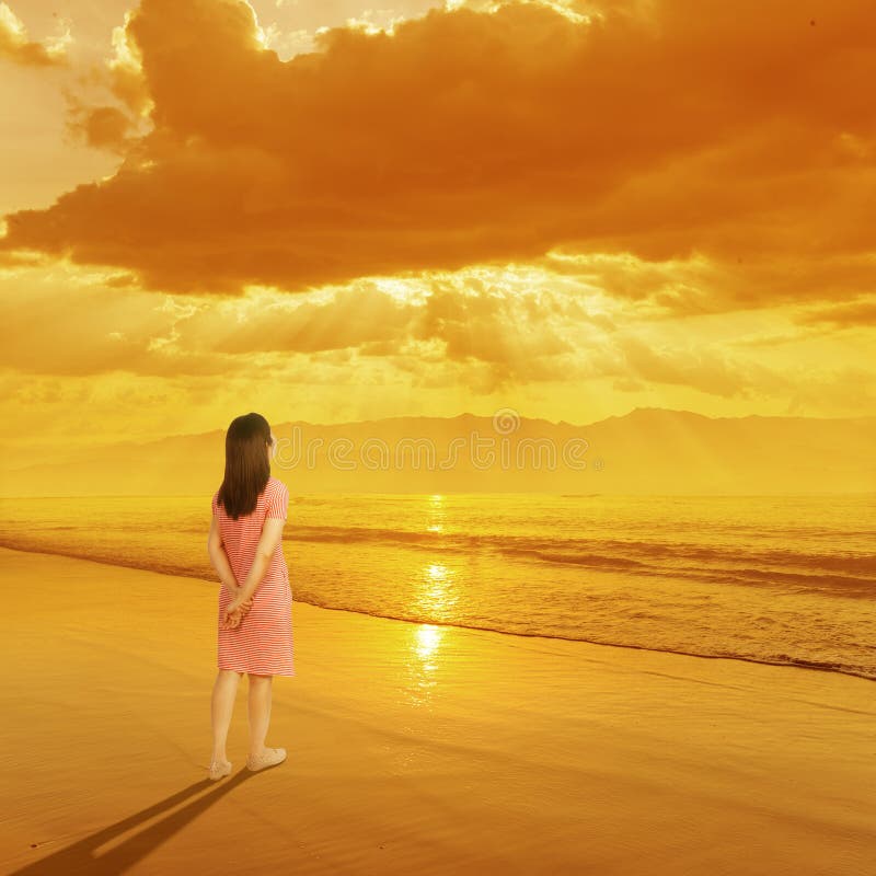 Relax Woman Standing on Beach Sunset and Mountain on Vacation Trip ...