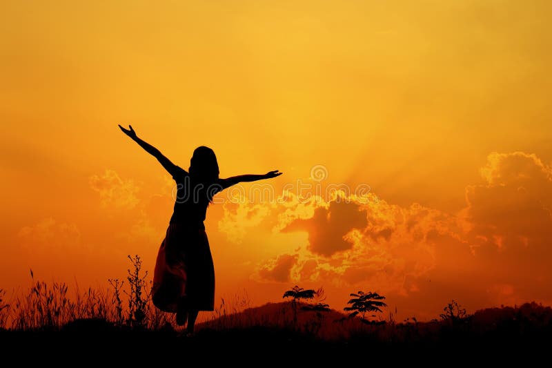 Relax Woman Standing and Sunset Silhouette Stock Photo - Image of ...