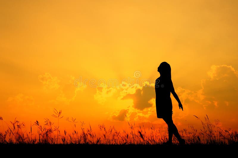 Relax Woman Standing and Sunset Silhouette Stock Photo - Image of color ...