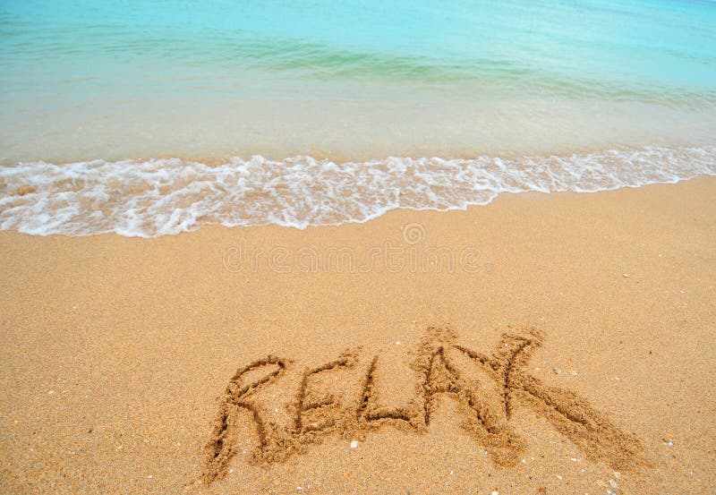 Relax written in sand stock image. Image of summer, wave - 25314599