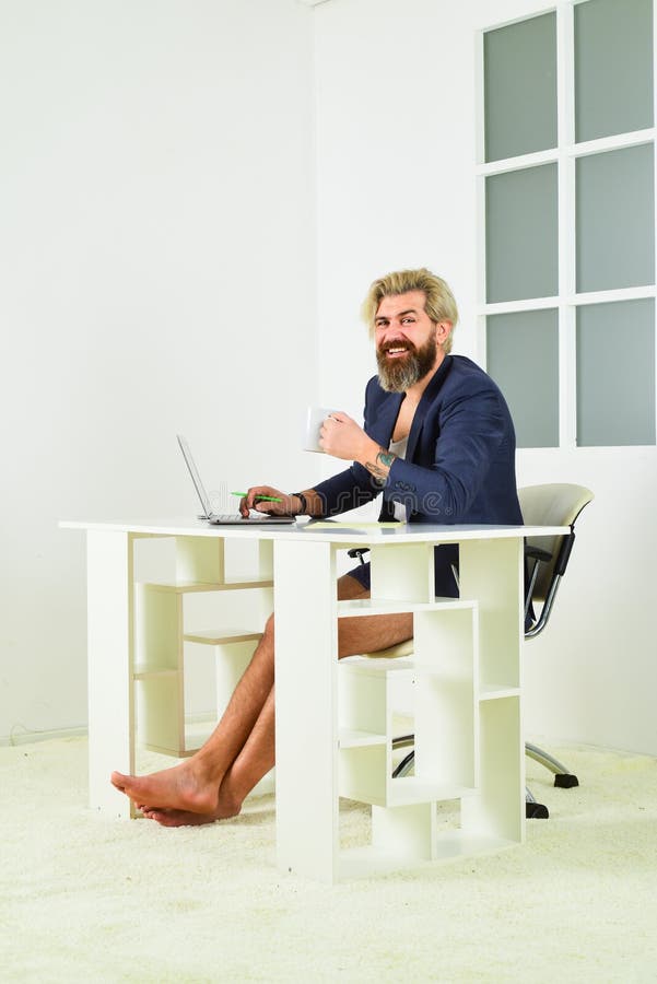 Working Barefoot at Home Office. Social Distancing Concept. Man is ...