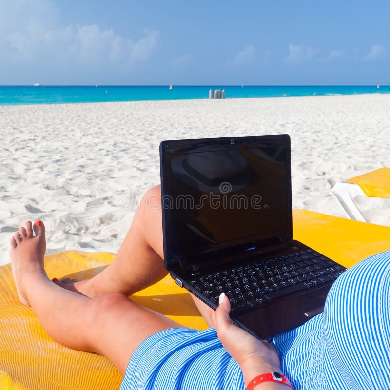 Woman with Laptop Relaxing on the Deckchair Stock Image - Image of ...