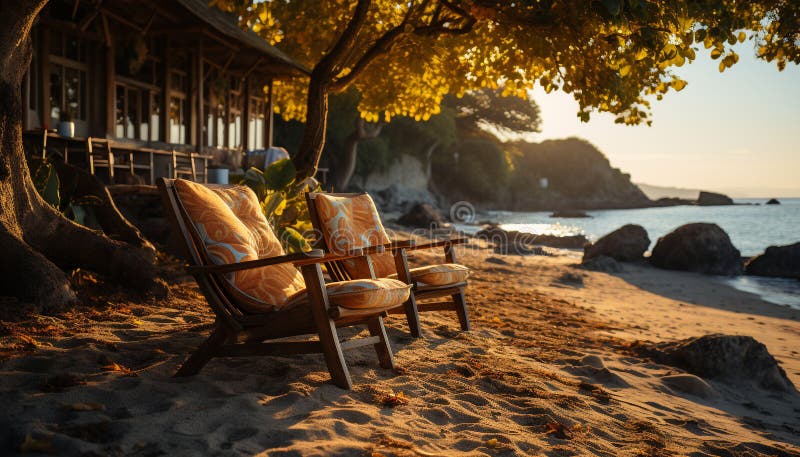 Relaxation in Nature, Sunset, Tree, Sand, Chair Generated by AI Stock ...