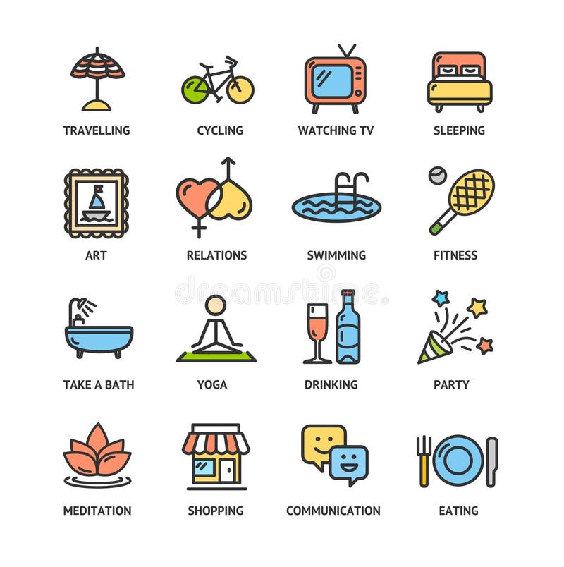 Relaxation Rest Time Color Thin Line Icon Set. Vector Stock Vector ...