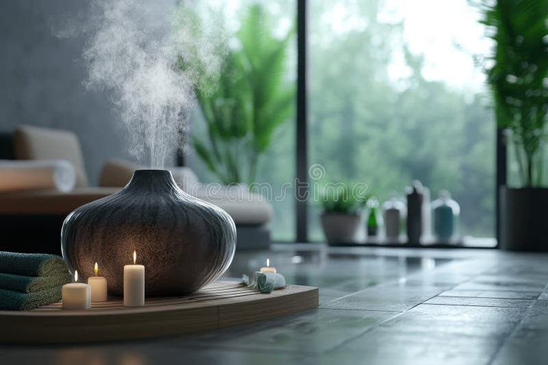 Relaxation Space with Steam Diffuser and Candles Set in a Modern Spa ...