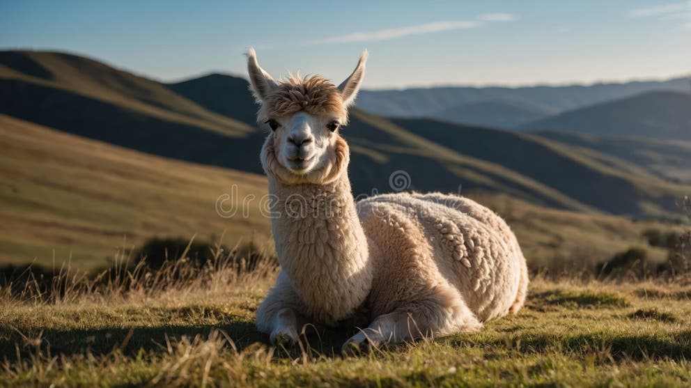 Adorable Alpaca Resting on a Hilltop at Sunset Stock Illustration ...