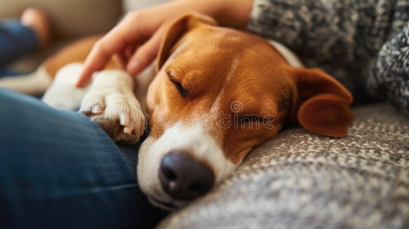 Relaxed Beagle Dog Sleeping on a Cozy Blanket beside Owner Stock ...