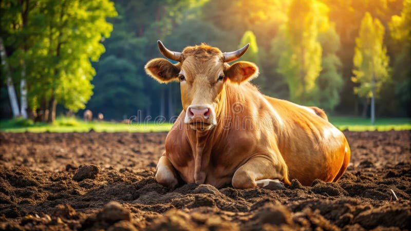 A Relaxed Brown Cow Resting in a Sun-drenched Field. Generative AI ...