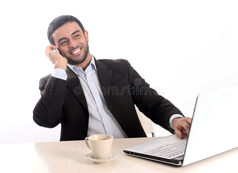 Relaxed Businessman Working with Computer and Mobile Stock Photo ...