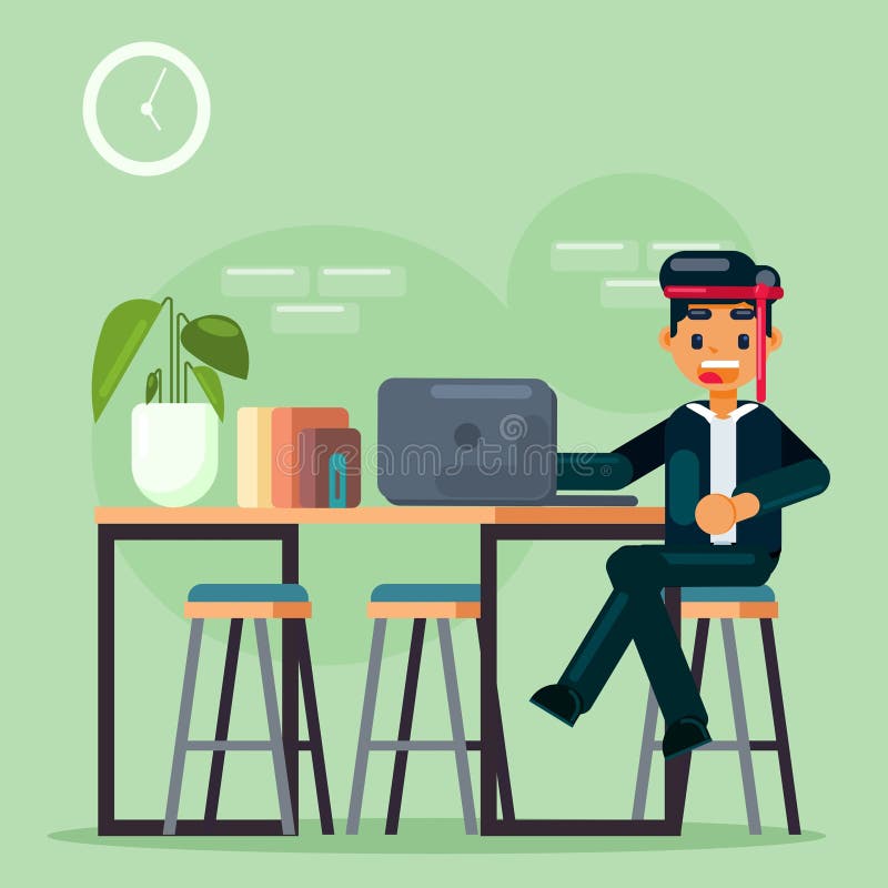 Relaxed Businessman Working at Modern Desk Flat Vector Illustration ...