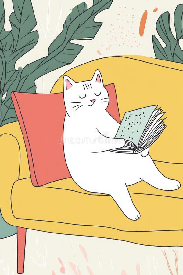 Relaxed Cartoon Cat Reading on Yellow Couch with Plants Stock ...