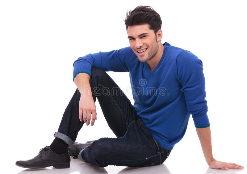 Relaxed Casual Man Sitting On White Background Stock Image - Image of ...