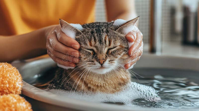 Relaxed Cat Being Cared for As Its Owner Carefully Cleans Its Ears ...