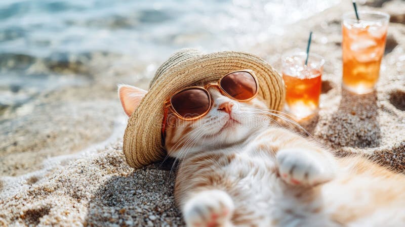 Relaxed Cat Chilling on the Beach with Straw Hat and Sunglasses Stock ...