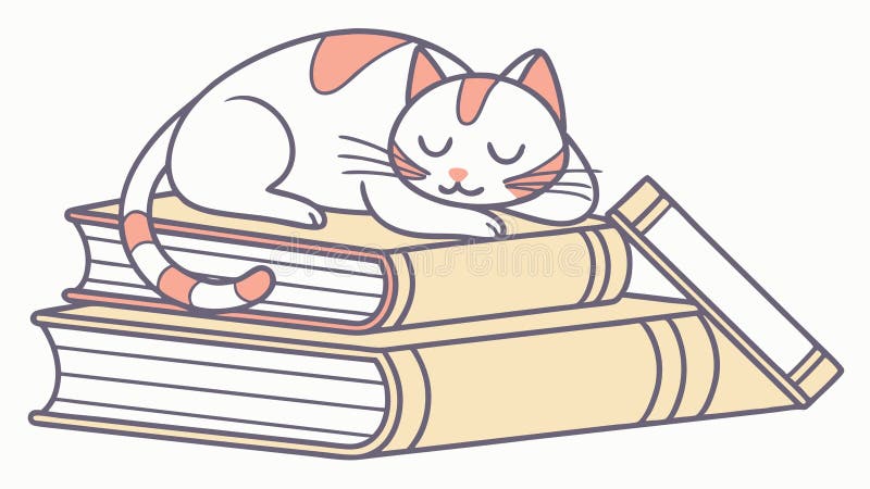 Relaxed Cat Sleeping on Stack of Books, Cozy Scene, Vector Design ...