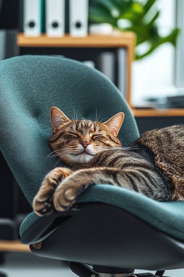 Relaxed Cat Sleeping on a Stylish Ergonomic Chair in a Brightly Lit ...