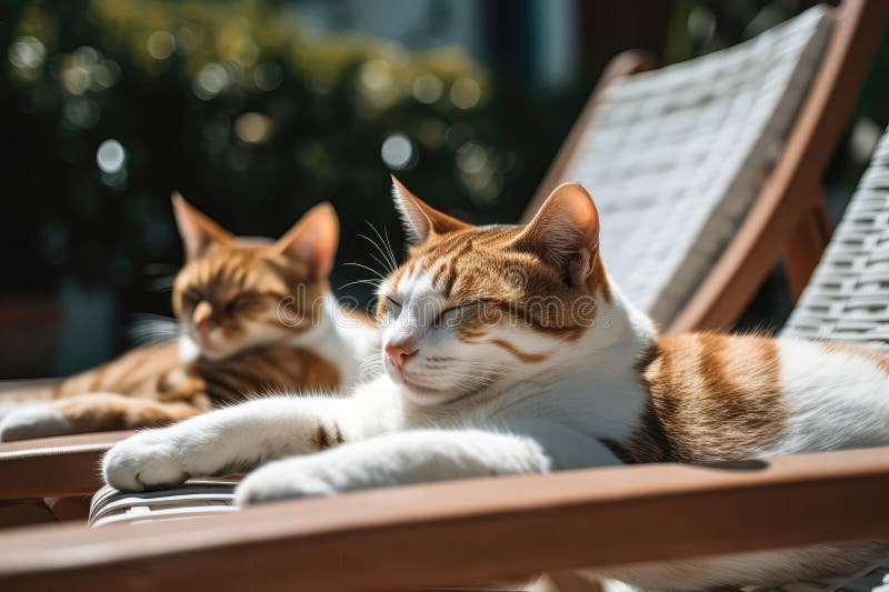 Relaxed Cats Lying on Poolside Loungers, Napping Under the Sun ...
