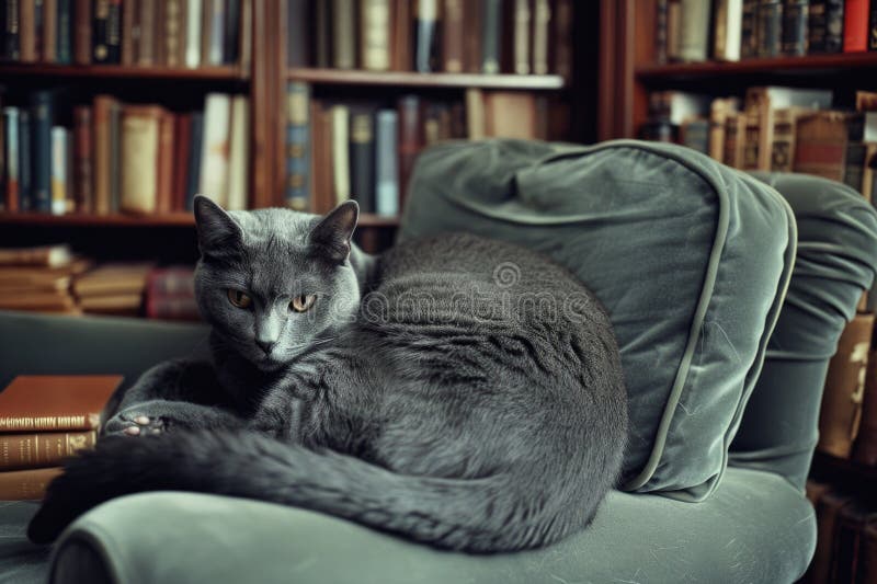 Relaxed Chartreux Cat Lounging in a Cozy Library Scene AI Stock Photo ...