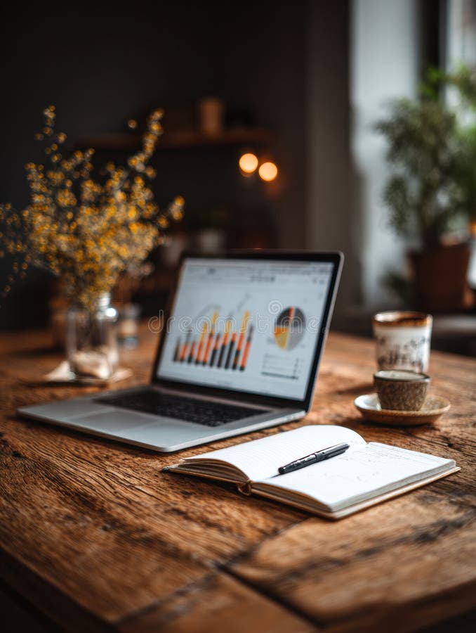 Relaxed Financial Planning Workspace Featuring a Laptop, Charts, a ...