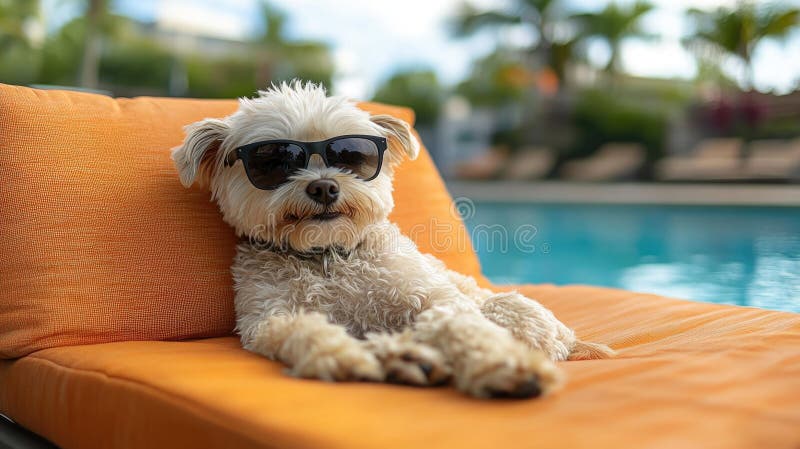 Relaxed Fluffy Dog with Sunglasses Relaxing by the Poolside on a Sunny ...