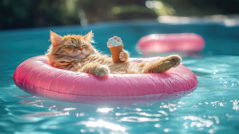 Relaxed Ginger Cat Enjoying Ice Cream on Pink Float in Pool Stock Photo ...