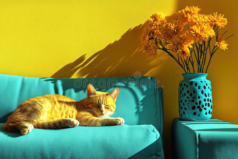 A Relaxed Ginger Cat is Peacefully Sleeping on a Cozy Sofa Stock ...