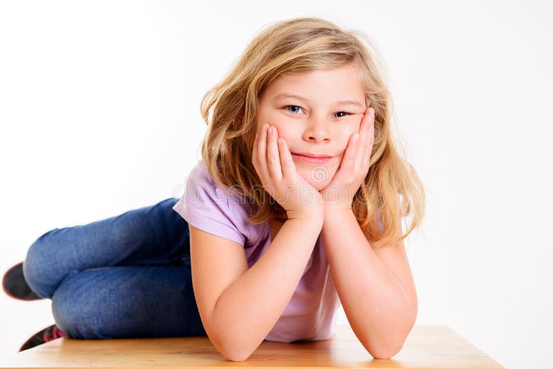 Relaxed Girl Lying on Table and Smiling Stock Image - Image of healthy ...