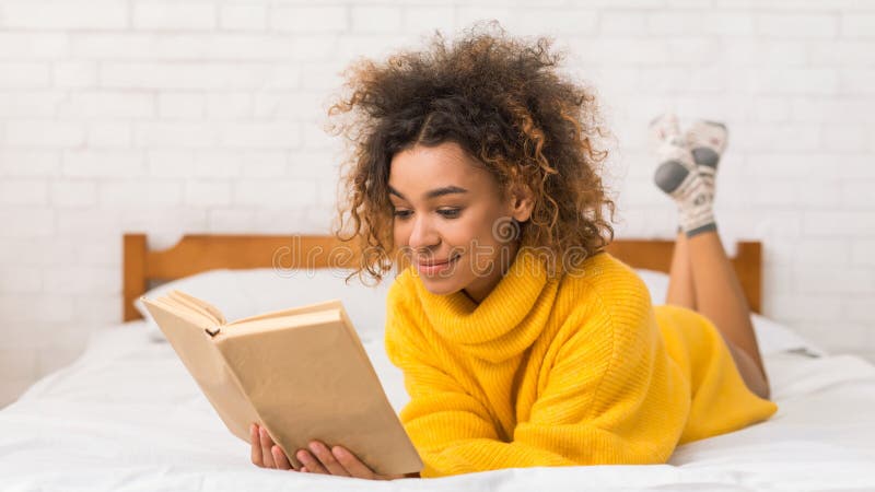 Relaxed Girl Reading Book in Bed at Home Stock Photo - Image of relax ...