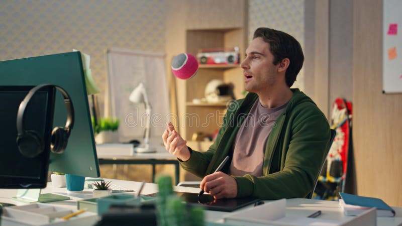 Relaxed Guy Looking Computer Screen at Office. Talented Artist Drawing ...