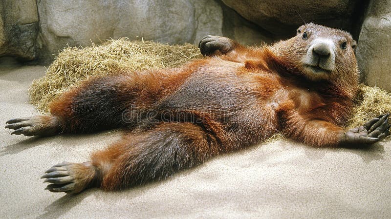 Relaxed Marmot Sunbathing Zoo Enclosure Hay Stock Photo - Image of ...