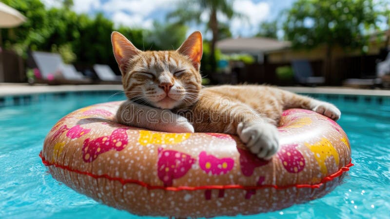 Relaxed Orange Cat Floating on Inflatable Ring in Sunny Pool Stock ...