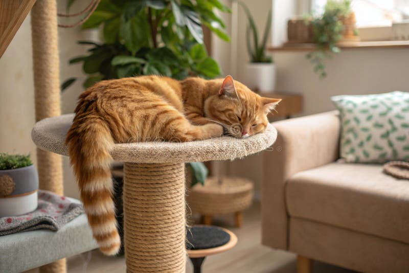 A Relaxed Orange Cat Peacefully Sleeping on a Scratching Post in a Cozy ...