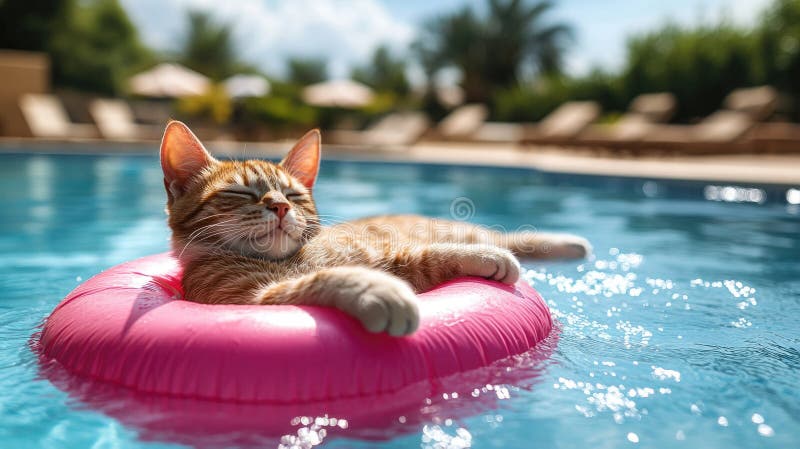 Relaxed Orange Tabby Cat Floating on Inflatable Ring in Sunny Pool ...