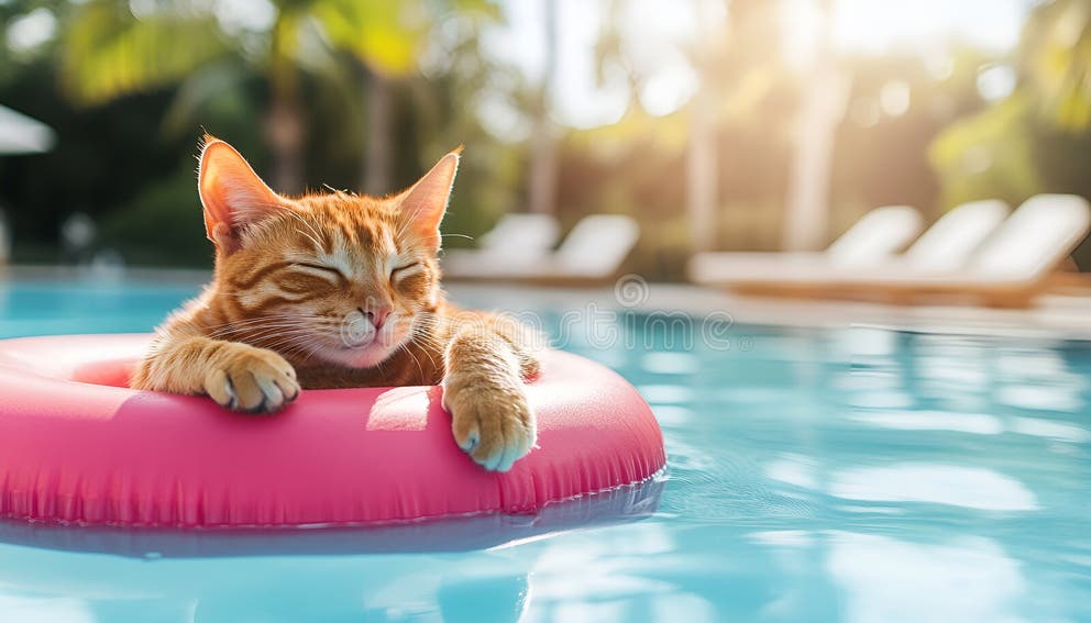 Relaxed Orange Tabby Cat Floating on Inflatable Ring in Sunny Pool ...