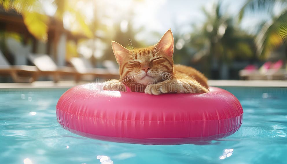 Relaxed Orange Tabby Cat Floating on Inflatable Ring in Sunny Pool ...