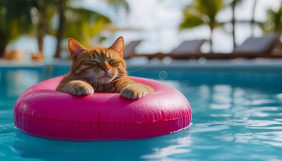 Relaxed Orange Tabby Cat Floating on Inflatable Ring in Sunny Pool ...