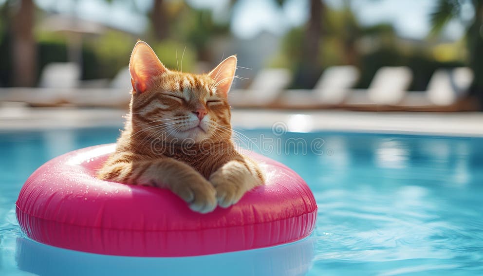 Relaxed Orange Tabby Cat Floating on Inflatable Ring in Sunny Pool ...