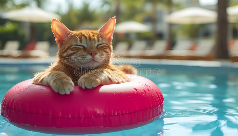 Relaxed Orange Tabby Cat Floating on Inflatable Ring in Sunny Pool ...