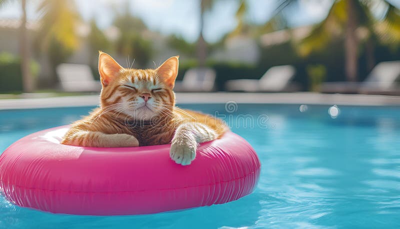 Relaxed Orange Tabby Cat Floating on Inflatable Ring in Sunny Pool ...
