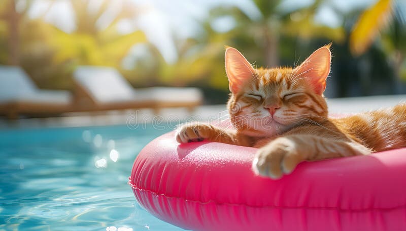 Relaxed Orange Tabby Cat Floating on Inflatable Ring in Sunny Pool ...