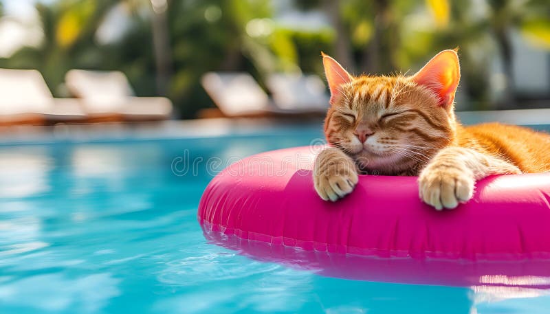 Relaxed Orange Tabby Cat Floating on Inflatable Ring in Sunny Pool ...