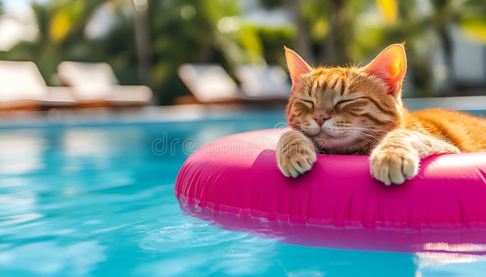 Relaxed Orange Tabby Cat Floating on Inflatable Ring in Sunny Pool ...