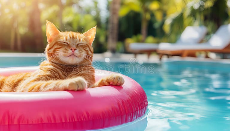 Relaxed Orange Tabby Cat Floating on Inflatable Ring in Sunny Pool ...