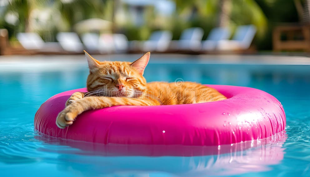 Relaxed Orange Tabby Cat Floating on Inflatable Ring in Sunny Pool ...