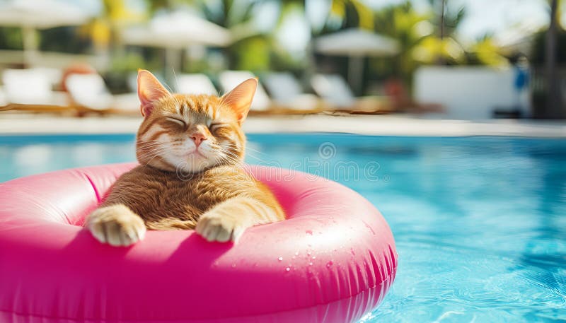Relaxed Orange Tabby Cat Floating on Inflatable Ring in Sunny Pool ...
