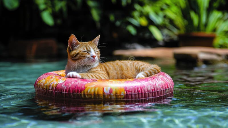 Relaxed Orange Tabby Cat Lounging on Inflatable Pool Float in Sunny ...