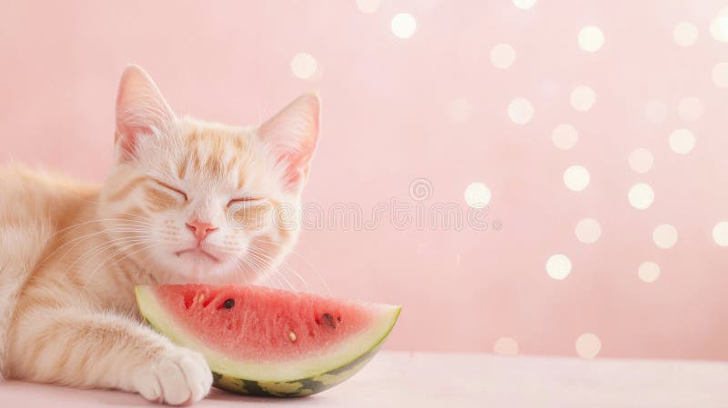 Relaxed Orange Tabby Cat with Watermelon Slice on Soft Pink Background ...
