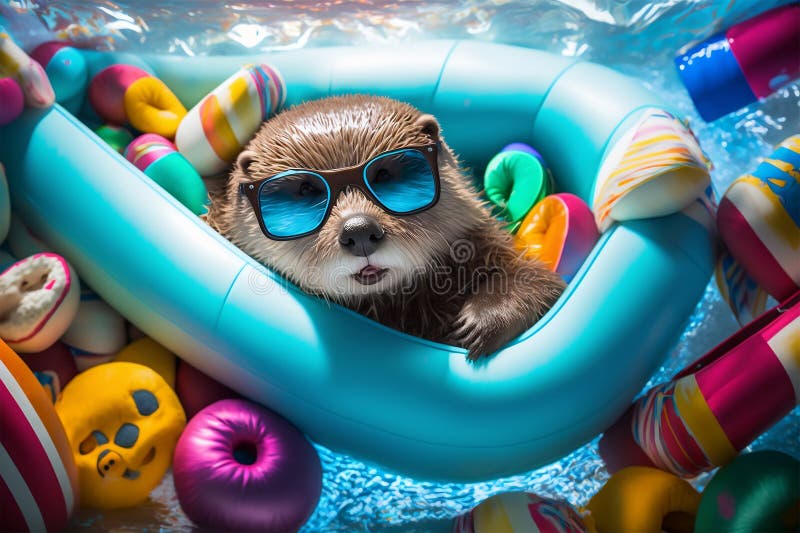 Relaxed Otter Chilling on a Pool Float with Inflatable Pool Toys ...