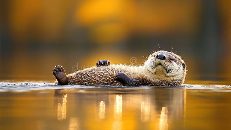 Relaxed Otter Floats on Water, Bathed in Golden Light Stock ...