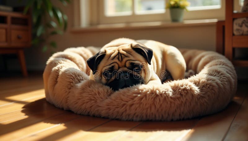 Relaxed Pug Dog in a Cozy Bed Stock Illustration - Illustration of ...
